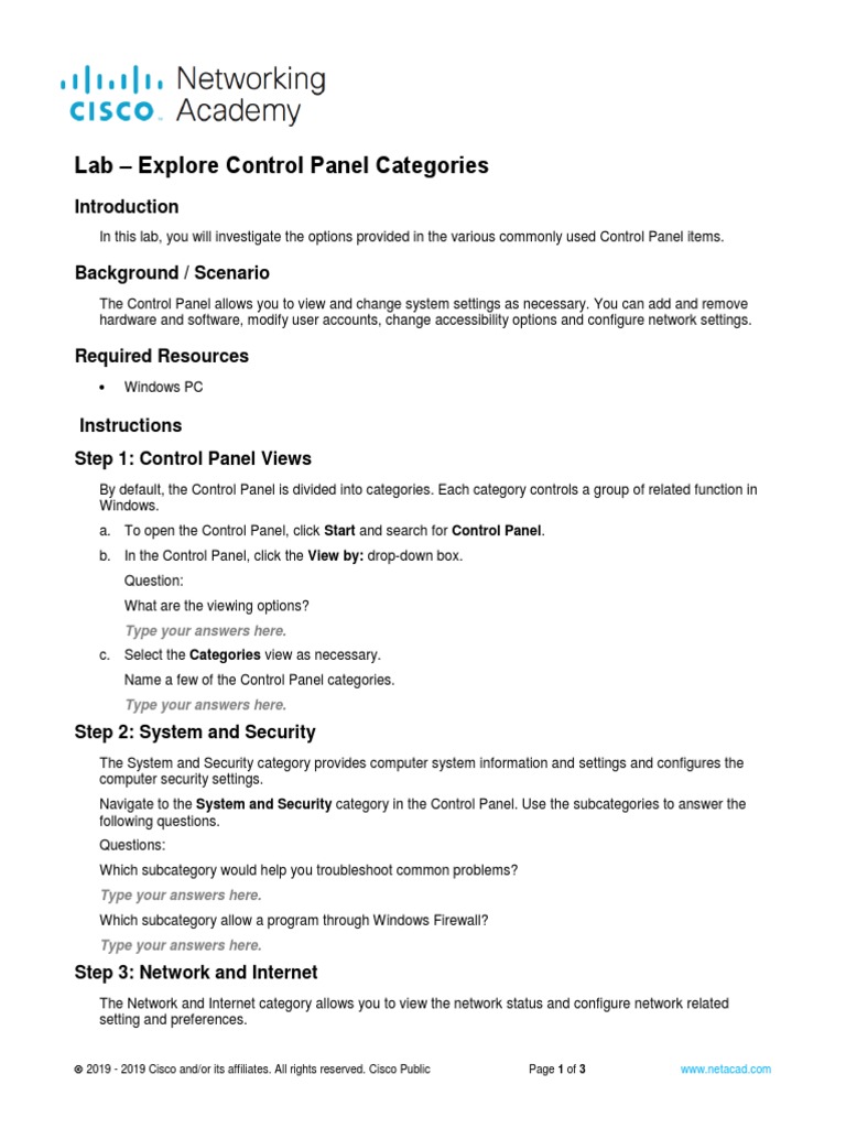 11.2.1.5 Lab - Explore Control Panel Categories | PDF | Microsoft ...