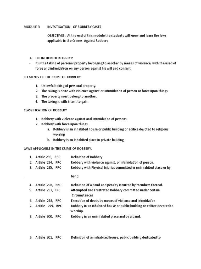 Module 3 Investigation of Robbery Cases | PDF | Theft | Robbery