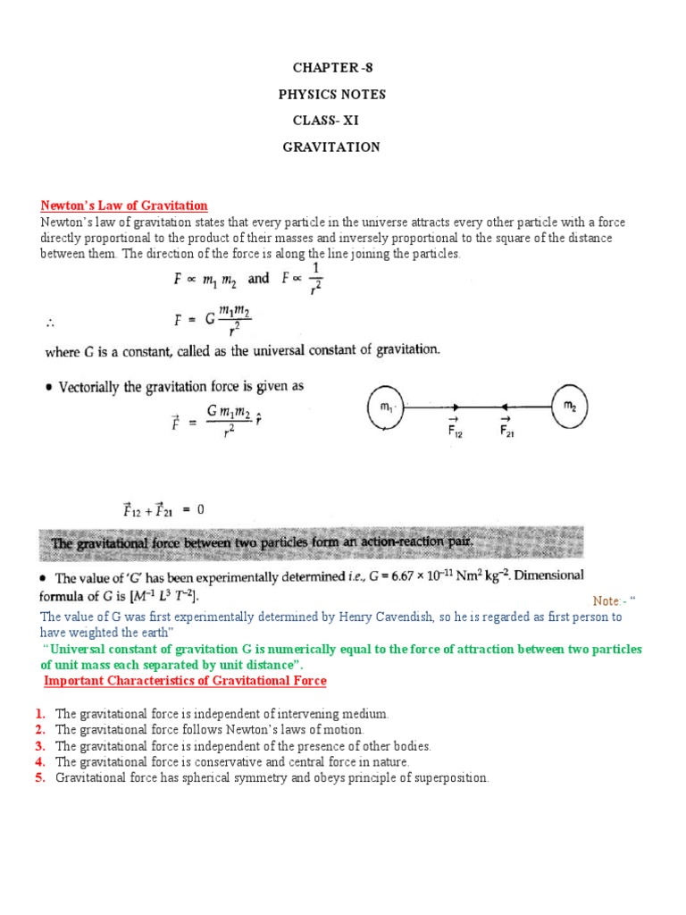 Chapter - 8 Physics Notes Class-Xi Gravitation: Newton's Law of ...