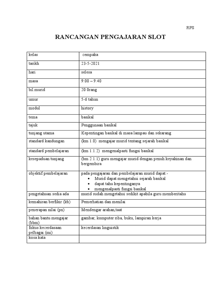 RPS (Rancangan Pengajaran Slot) | PDF