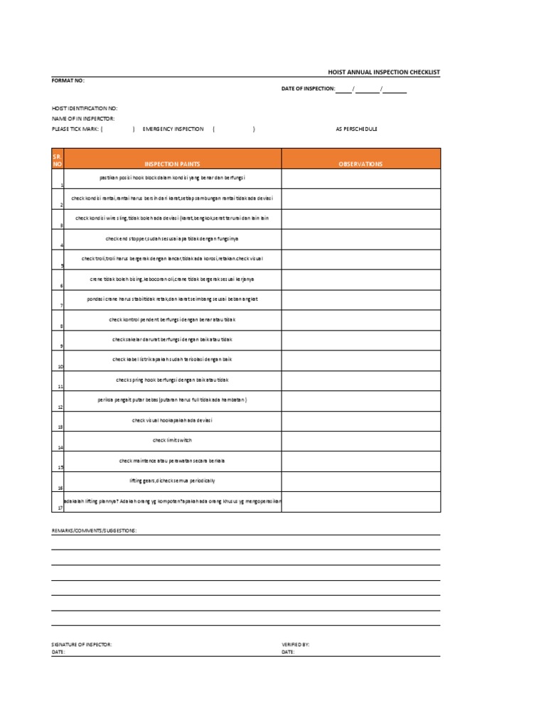 Form Checklist Hoist | PDF