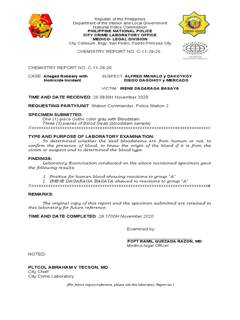 Chemistry Report on Robbery Homicide | PDF