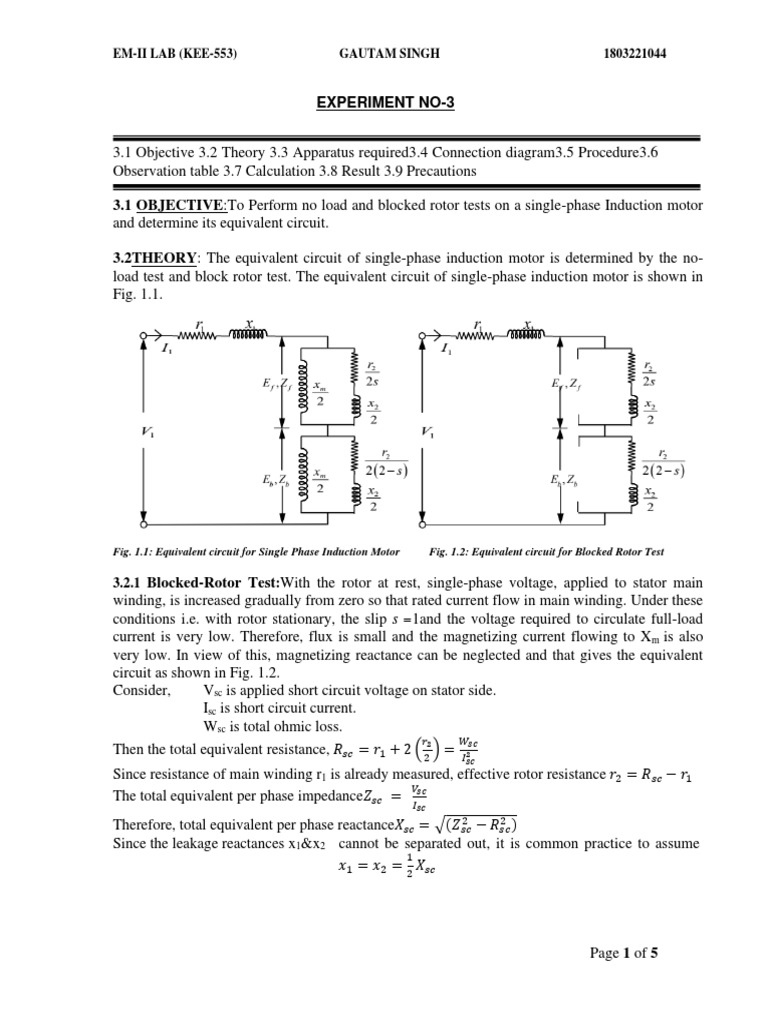 Experiment 3 (No Load Blocked Rotor Test On Single Phase Im) | PDF ...