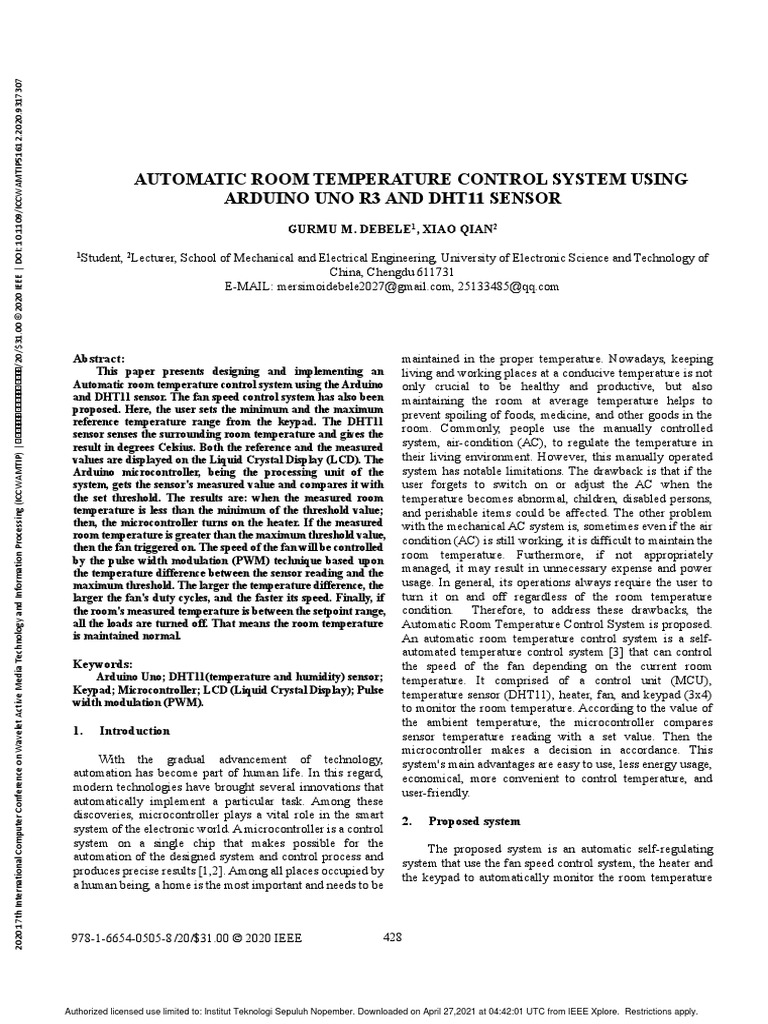 Automatic Room Temperature Control System Using Arduino Uno R3 And Dht11 Sensor Pdf Analog