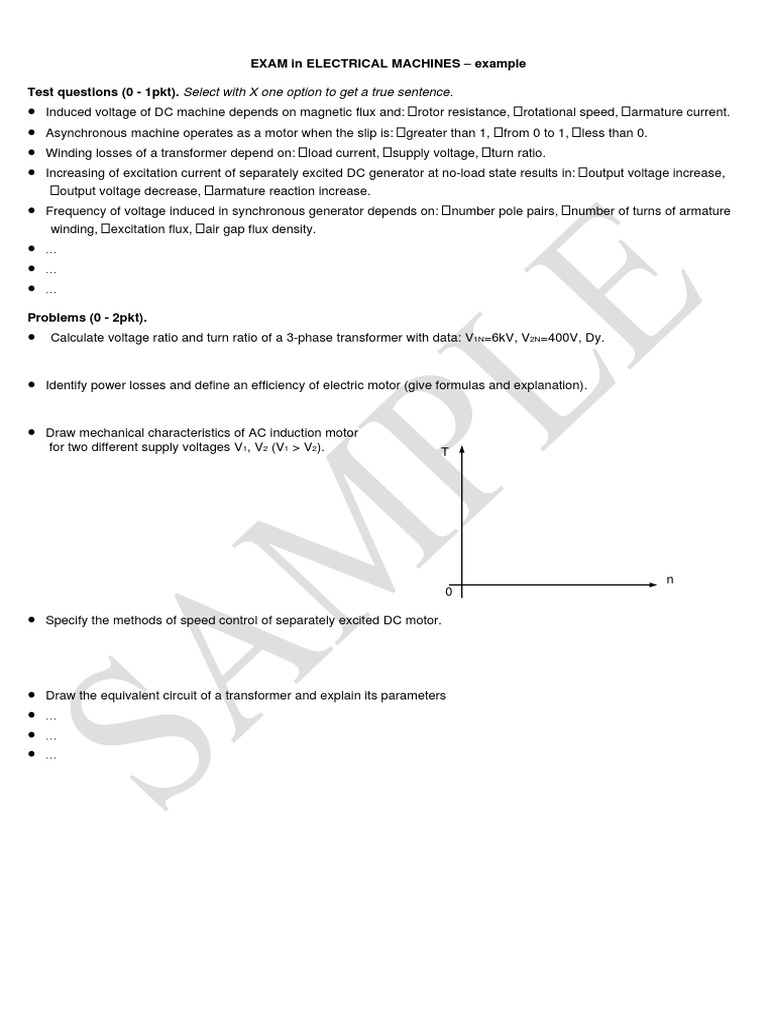 Exam in Electrical Machines - Example Test Questions (0 - 1pkt ...