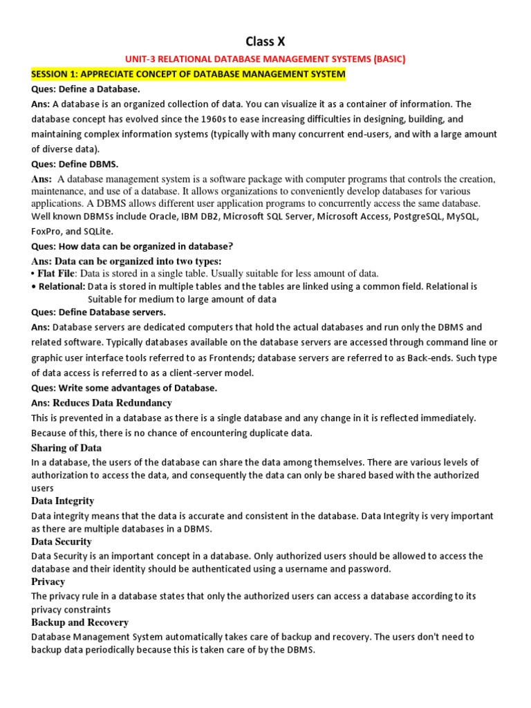 Class X: Unit-3 Relational Database Management Systems (Basic) | PDF | Relational Database ...