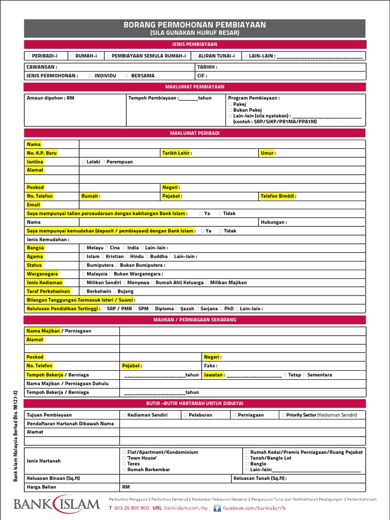 Borang Permohonan Pembiayaan Bank Islam | PDF
