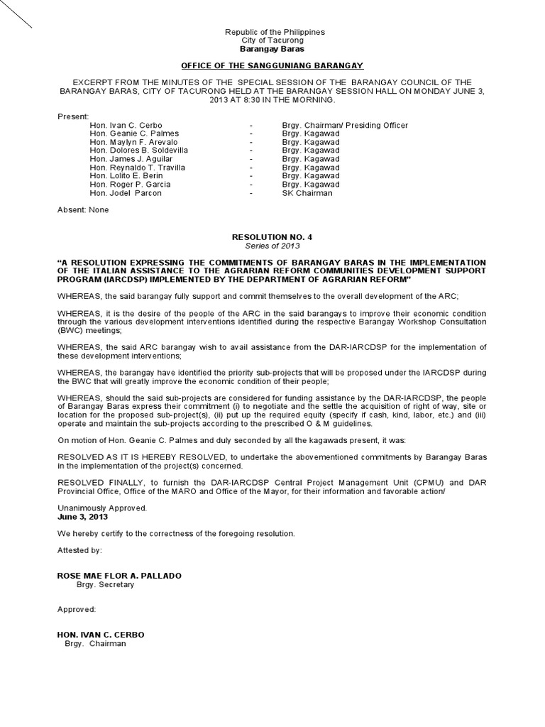Barangay Resolution | PDF | Philippines | Business