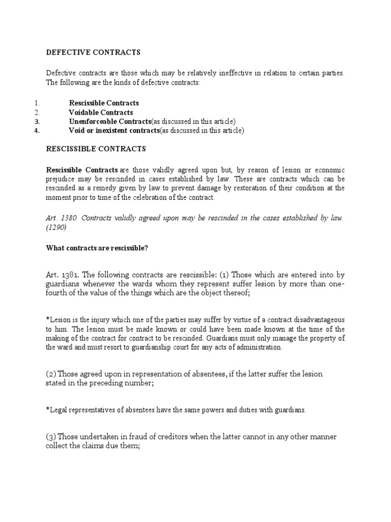 Types of Defective Contracts | PDF | Annulment | Legal Concepts