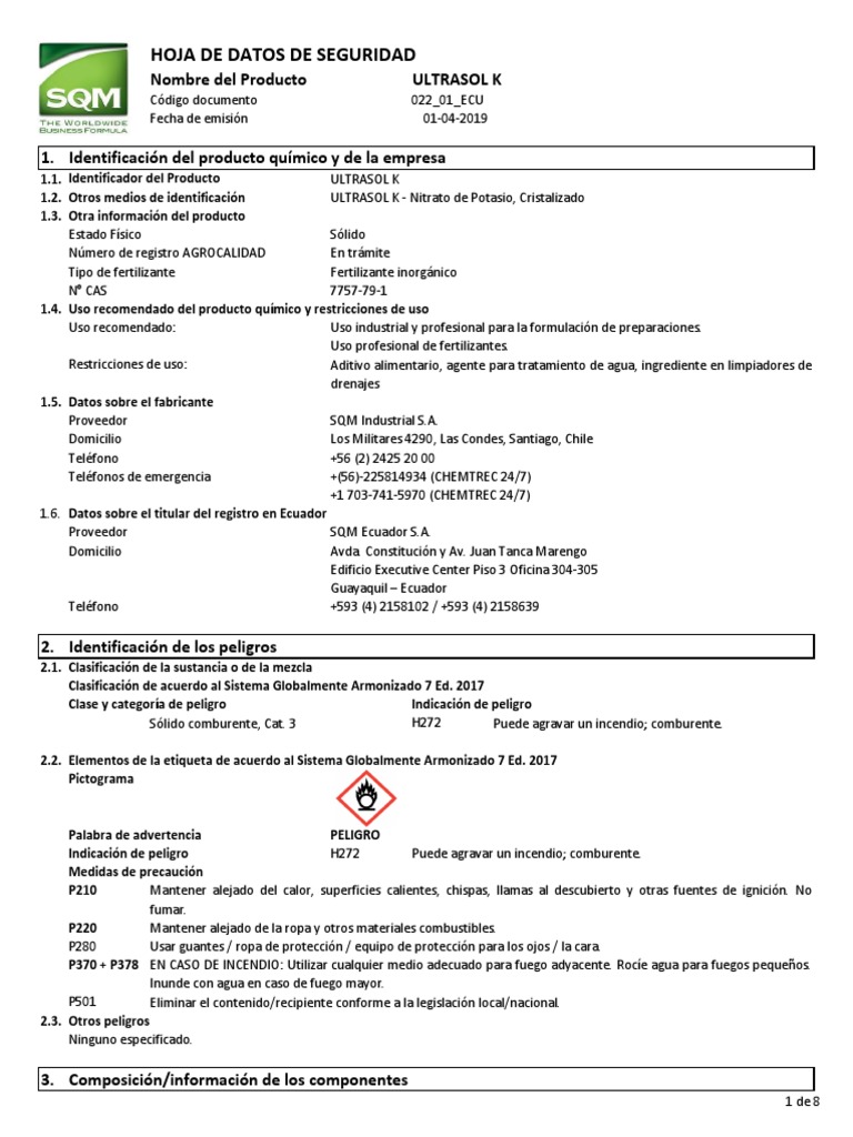 Hoja de Seguridad de Nitrato de Potasio | PDF | Sustancias químicas ...
