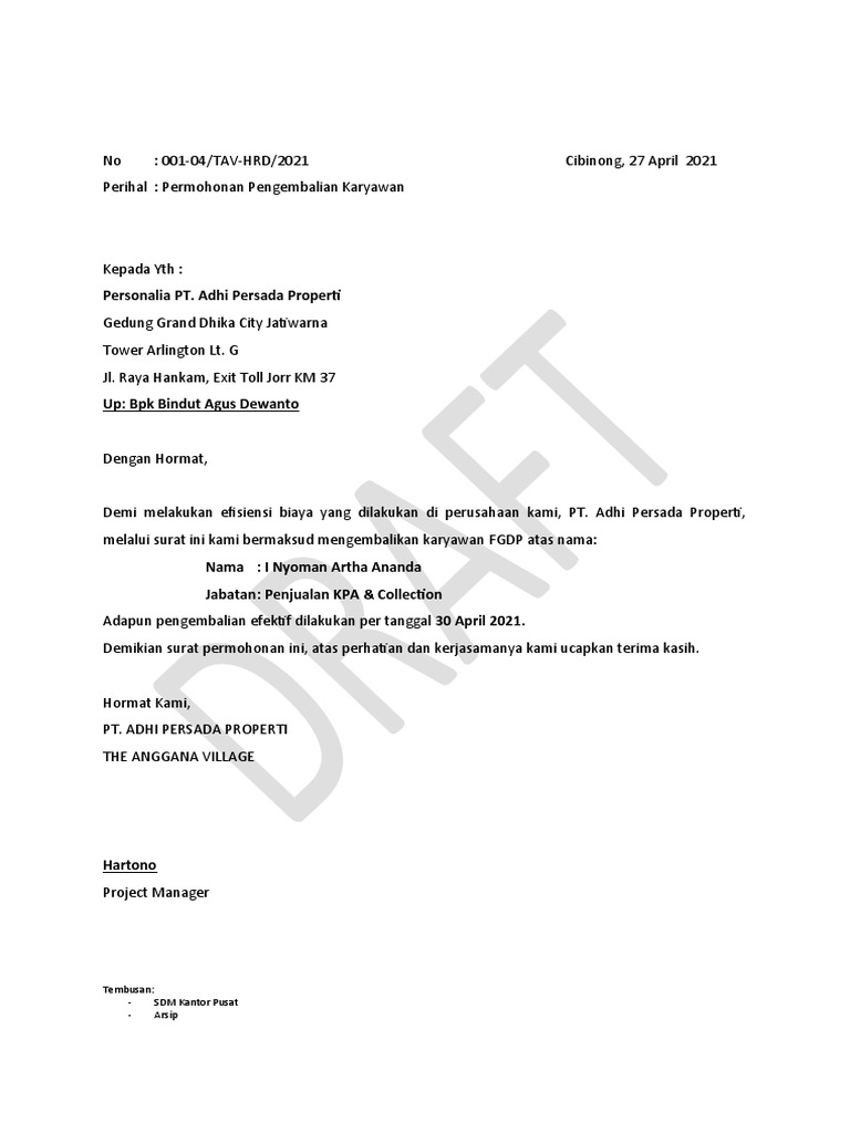 Surat Permintaan Pengembalian Karyawan FGDP | PDF