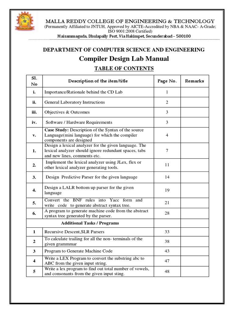 Compiler Design Lab Manual: Malla Reddy College of Engineering ...