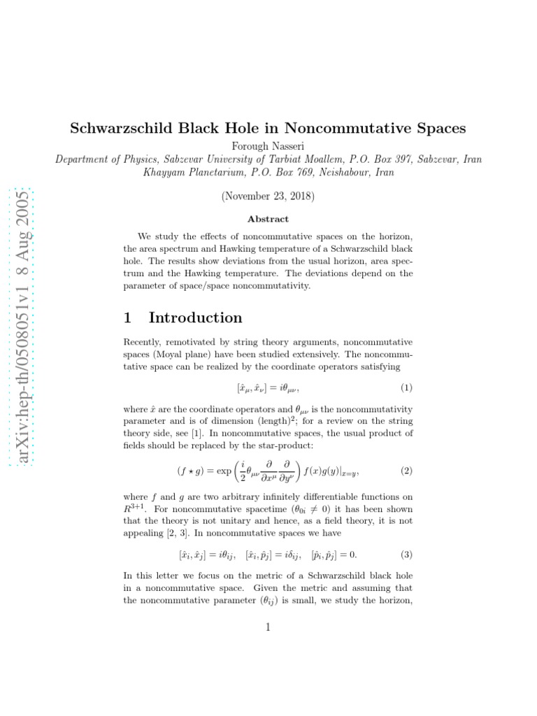 2005 - (Nasseri) Schwarzschild Black Hole in Noncommutative Spaces | PDF | Hawking Radiation ...