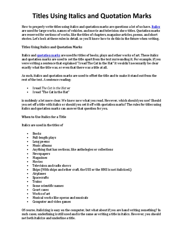 Titles Using Italics and Quotation Marks | PDF | Quotation Mark | Writing