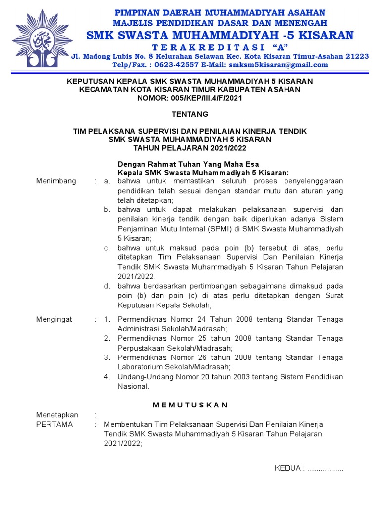 Surat Keputusan Tim Pelaksana Supervisi Dan Penilaian Kinerja Tendik | PDF