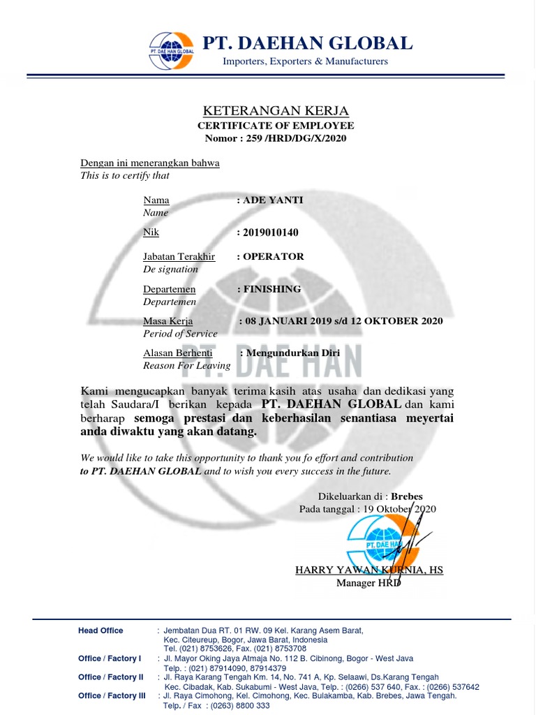 PT Daehan Global Employee Certificate | PDF