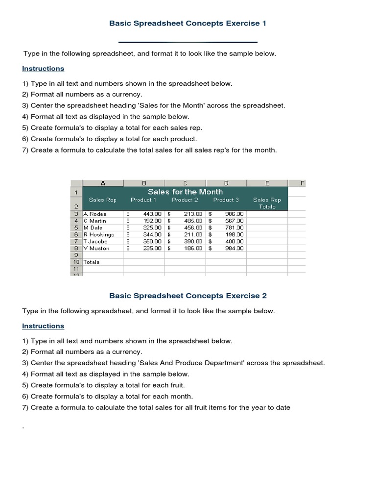 Basic Spreadsheet Concepts Exercise 1: Instructions | PDF | Spreadsheet ...