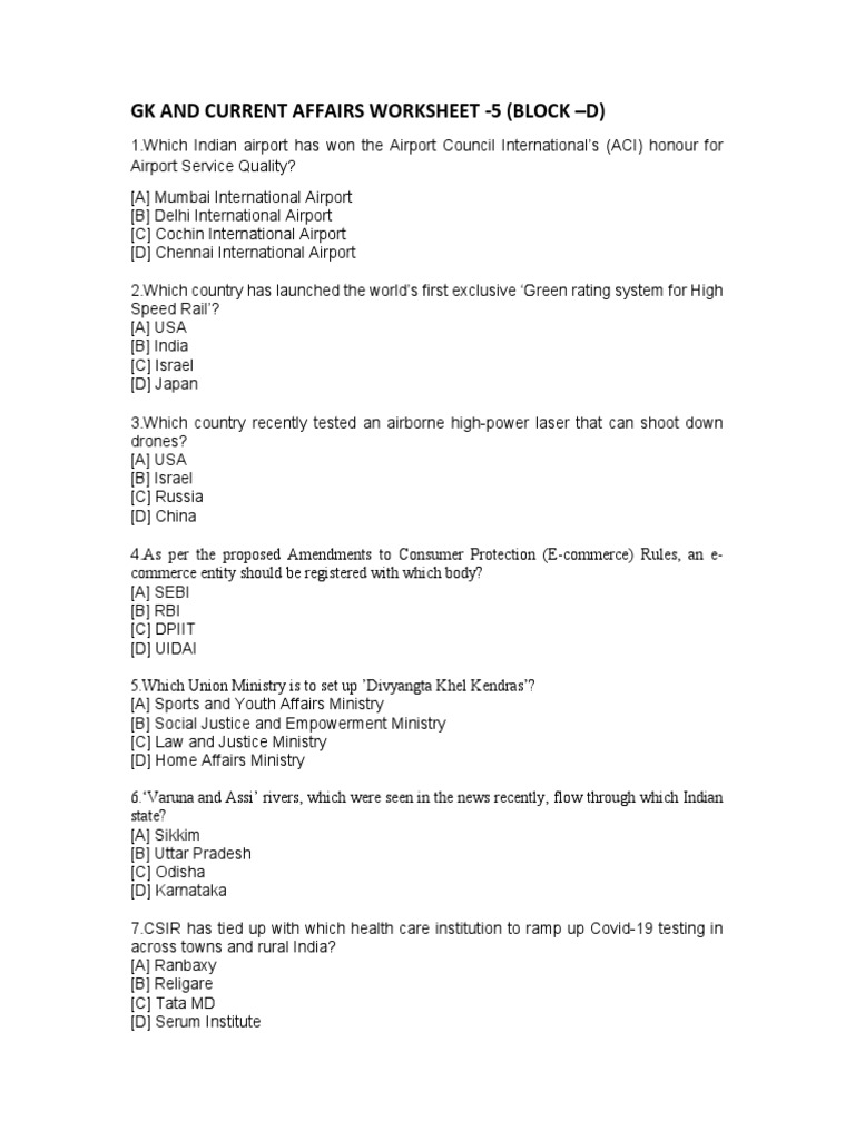GK and Current Affairs Worksheet - 5 (Block - D) | PDF | Business