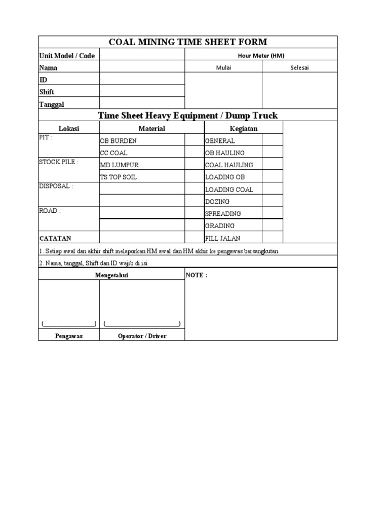 FORM TIME SHEET Coal Mining | PDF