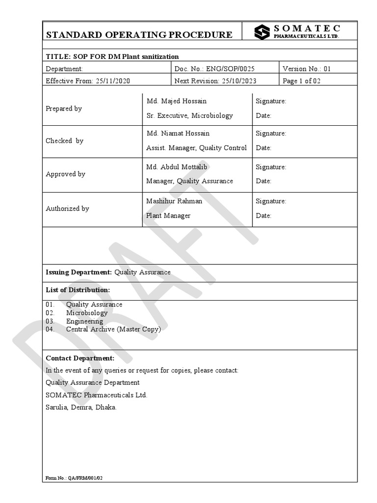 Standard Operating Procedure Somatec: TITLE: SOP FOR DM Plant ...