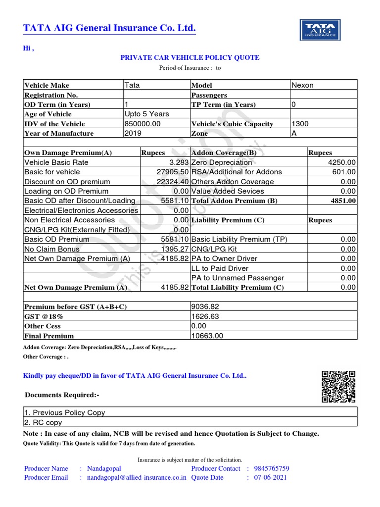 TATA AIG General Insurance Co. LTD.: Hi, Private Car Vehicle Policy ...