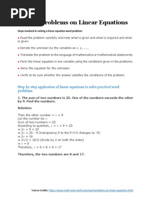 Linear Equations Word Problems Worksheet With Answers Systems Of