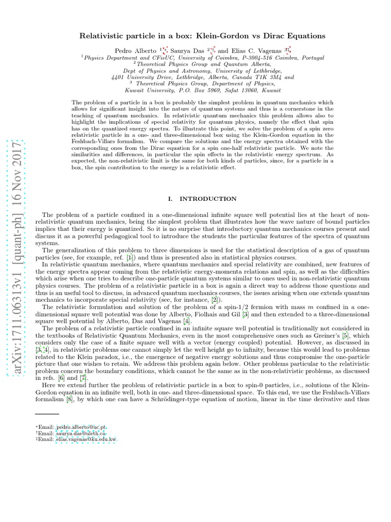 2017 - (Alberto) Relativistic Particle in A Box - Klein-Gordon Vs Dirac Equations | PDF | Wave ...