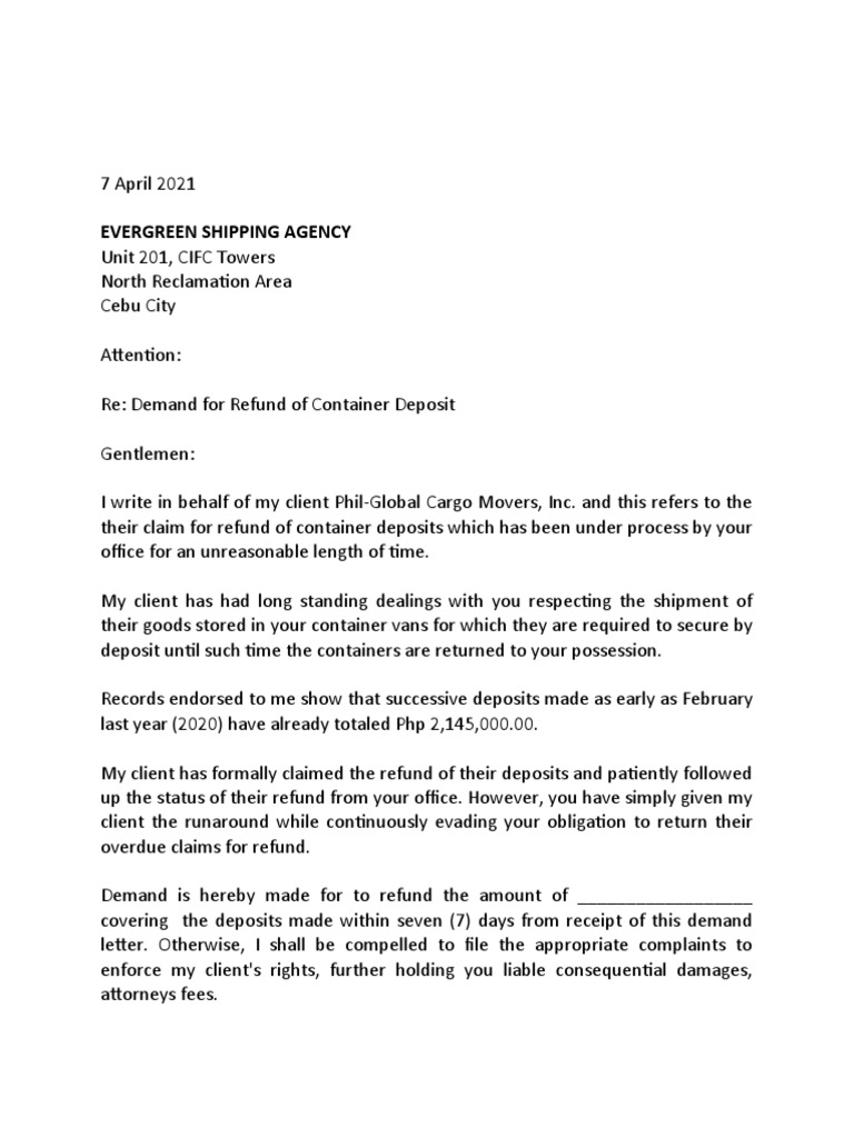 Demand Letter Evergreen Container Deposit | PDF