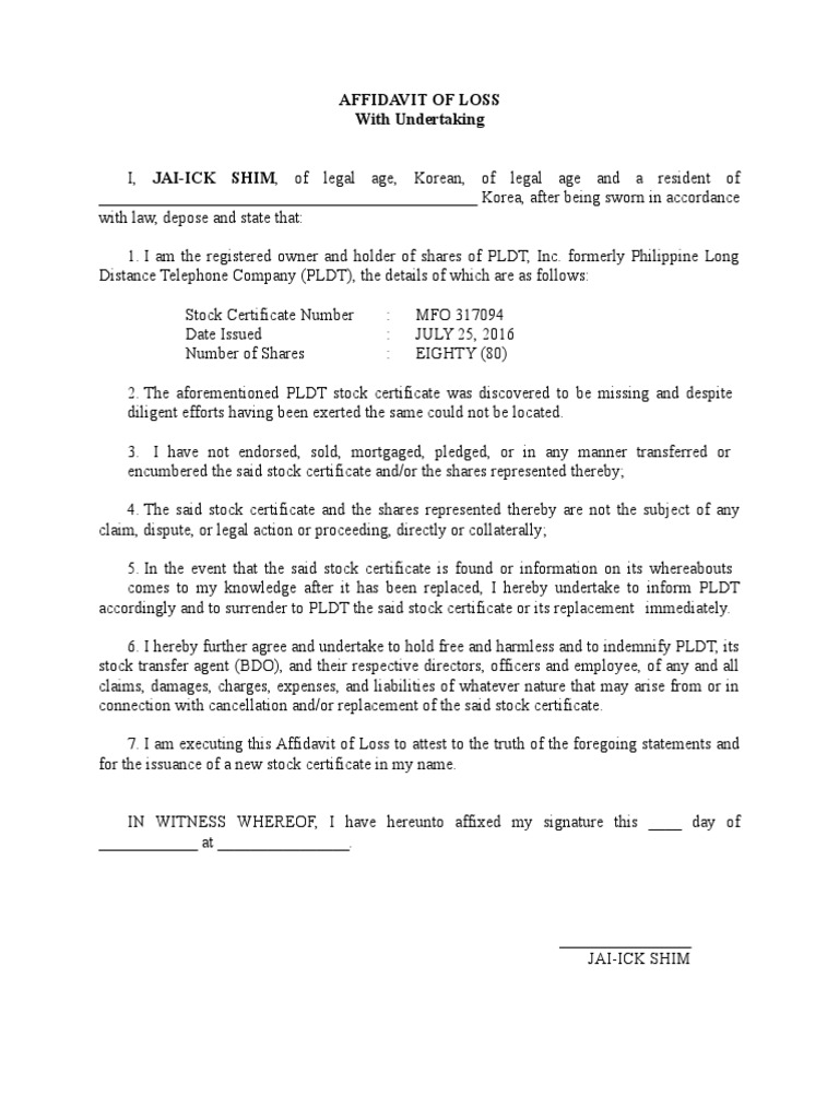 PLDT Affidavit of Lost Stock Cert Shim Jai Ick | PDF | Civil Law ...