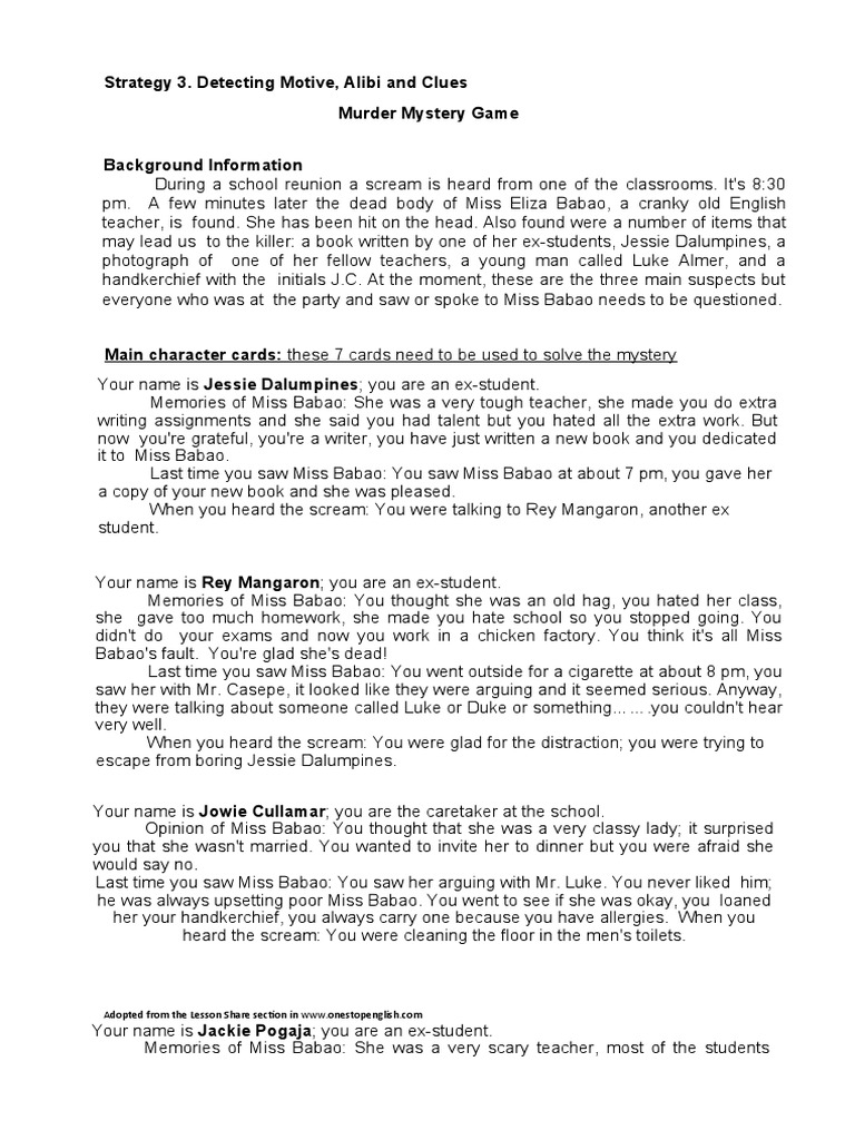Murder Mystery Game: Uncovering Clues | PDF | Language Arts & Discipline