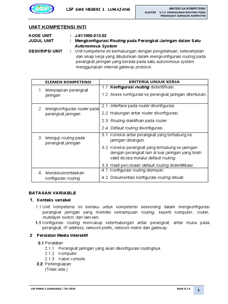 Muk 5.7.3 Konfigurasi Routing Pada Perangkat Jaringan Komputer | PDF