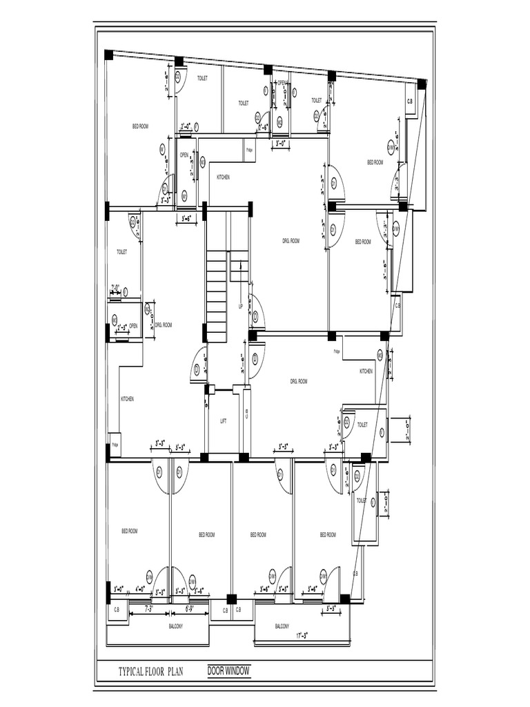 Floor Plan for Residential Building with Labeled Door and Window ...