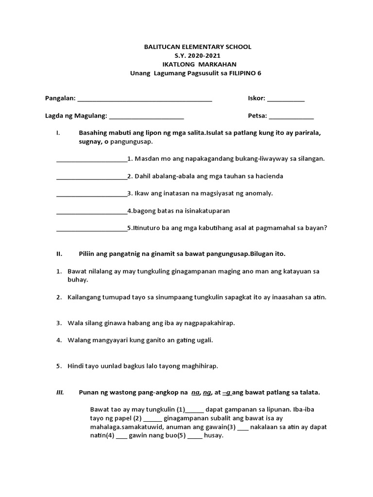 1st Assessment Filipino 6 3rd Quarter | PDF