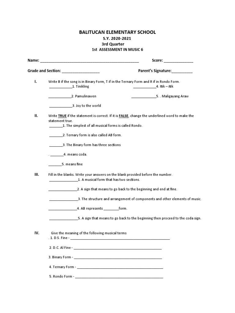 Music Forms Assessment for Grade 6 | PDF | Musical Forms | Components