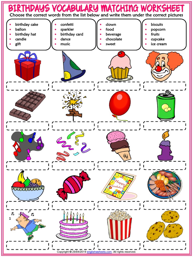 Birthdays Vocabulary Esl Matching Exercise Worksheet For Kids | PDF