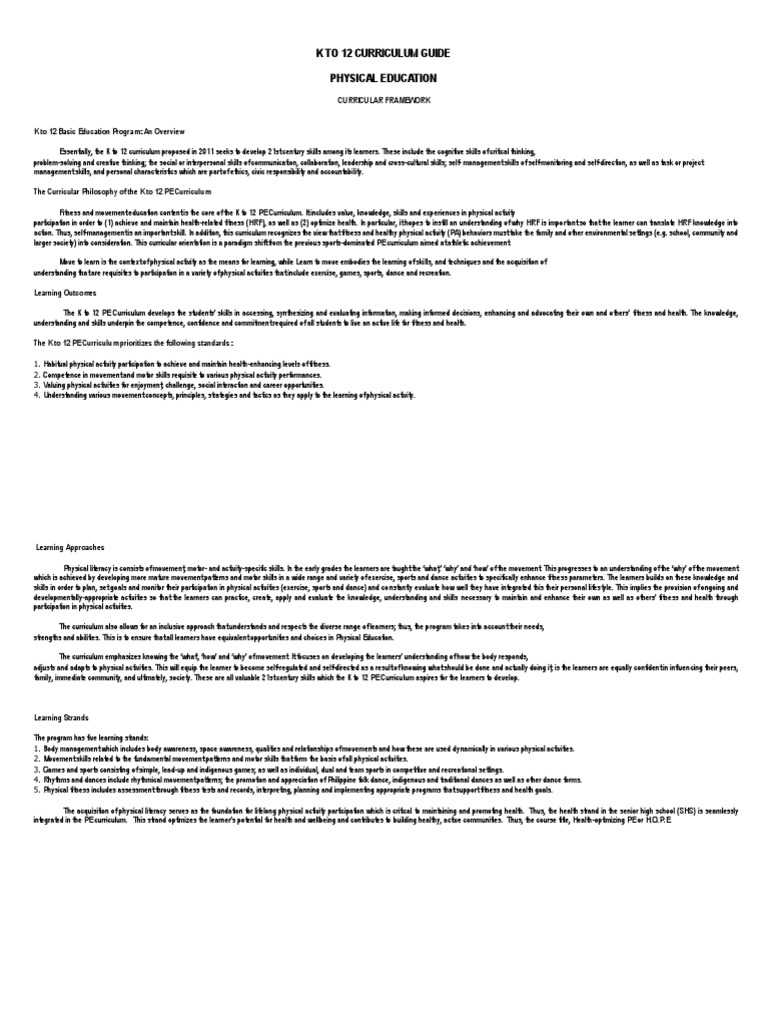 K To 12 Curriculum Guide Physical Education: Curricular Framework | PDF ...