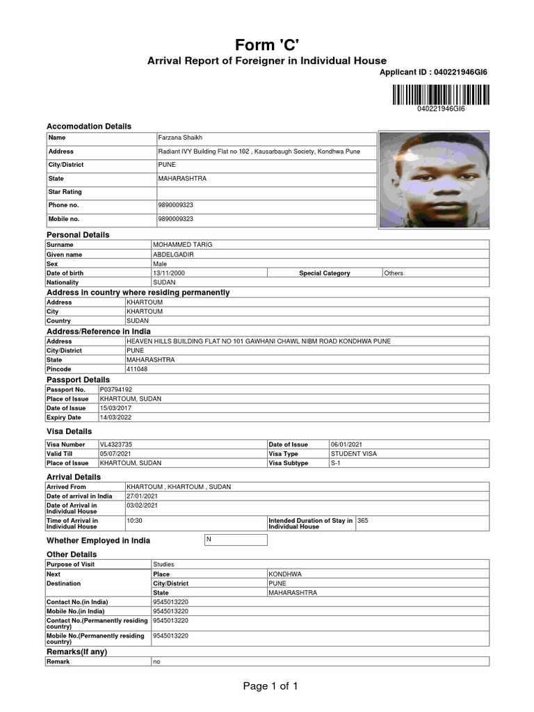 Form 'C': Arrival Report of Foreigner in Individual House | PDF ...