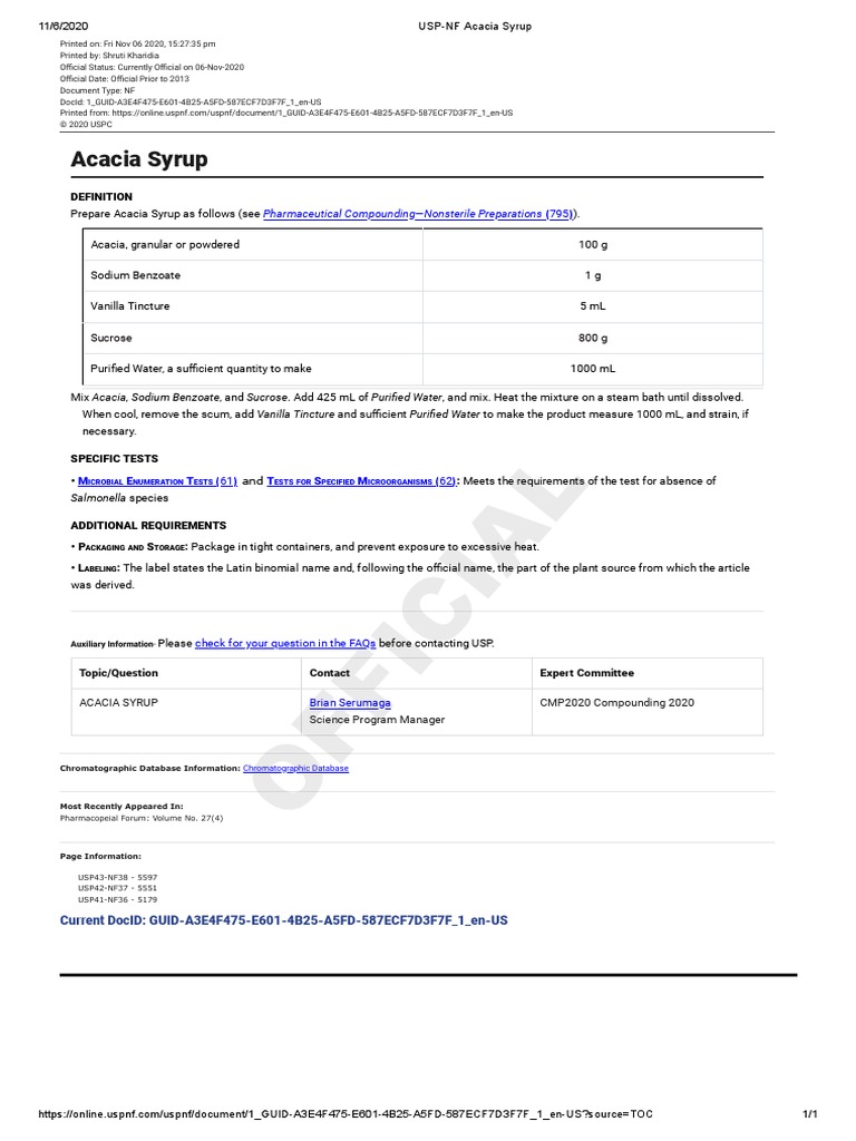 USP43 - NF Acacia Syrup | PDF | Syrup | Chemical Substances