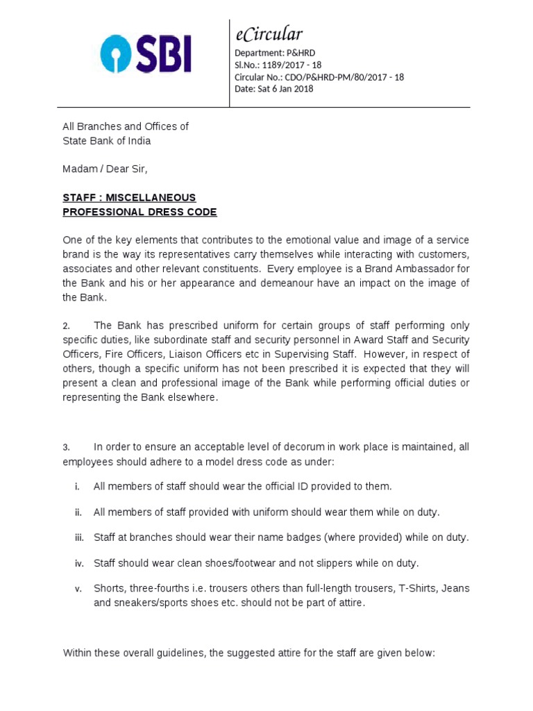 SBI Professional Dress Code | PDF | Clothing | Softlines (Retail)