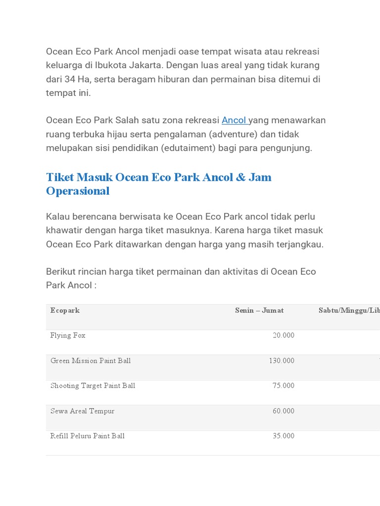 Harga Tiket dan Wahana Ocean Eco Park | PDF