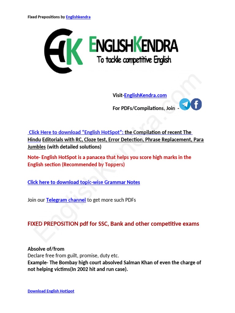 Important Fixed Prepositions With Example Sentences | PDF