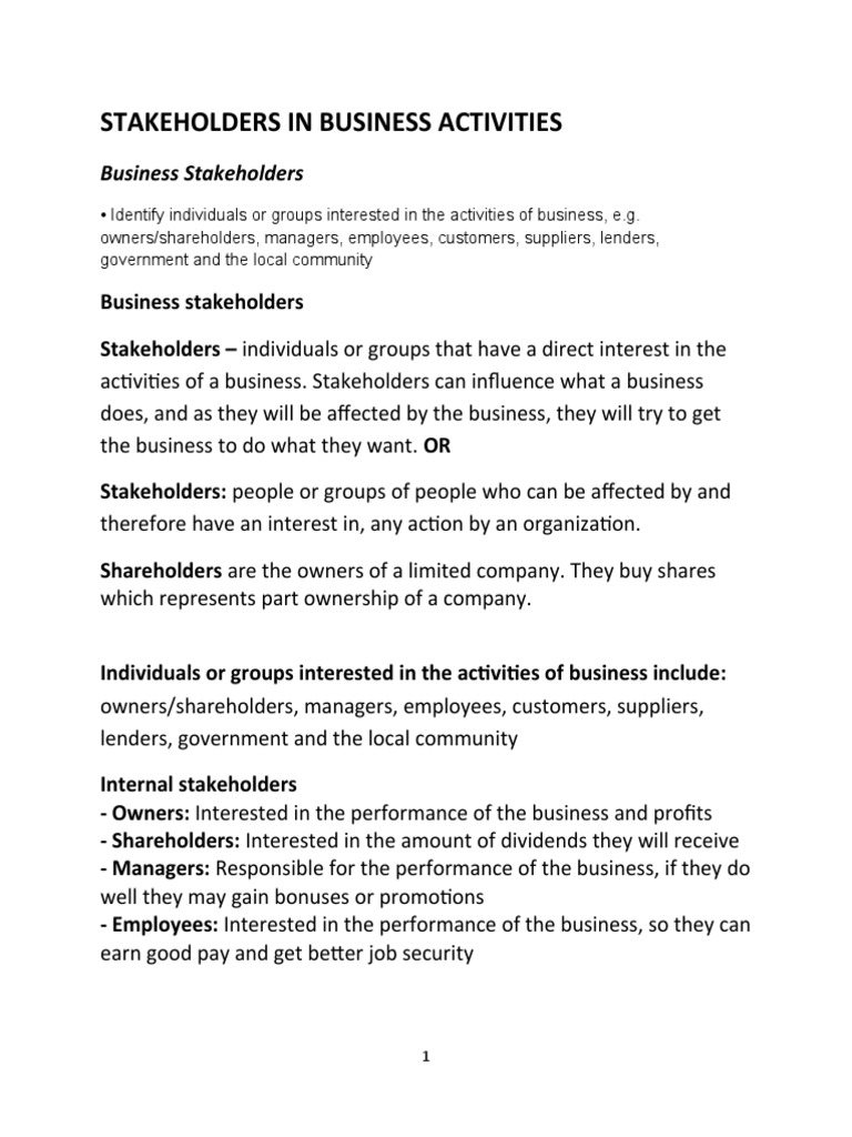 6) Stakeholders in Business Activities As Notes Final (D) | PDF | Loans ...