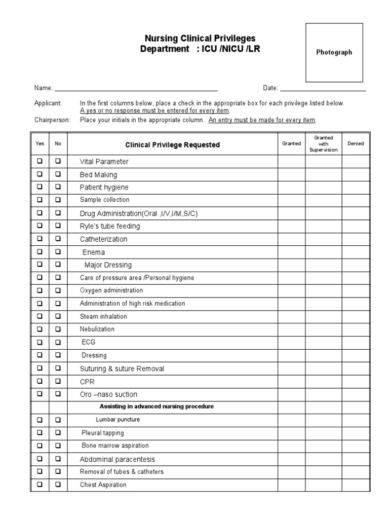 Request for Clinical Privilege Approval in the ICU/NICU/LR Departments ...