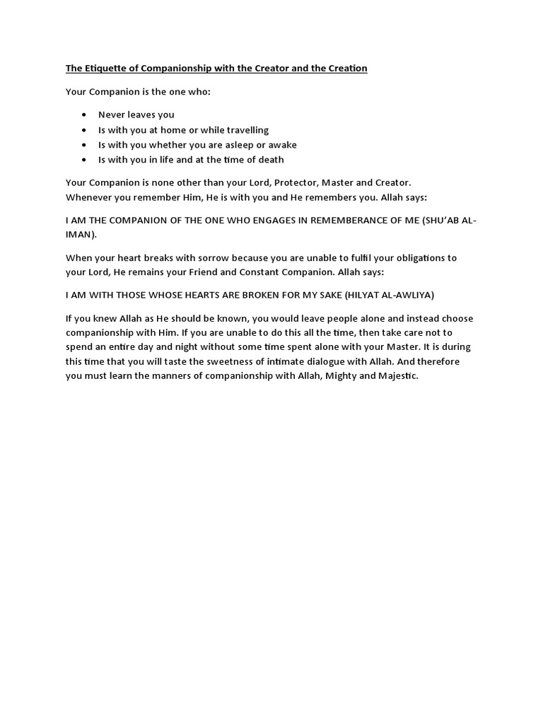 The Etiquette of Companionship With The Creator and The Creation | PDF