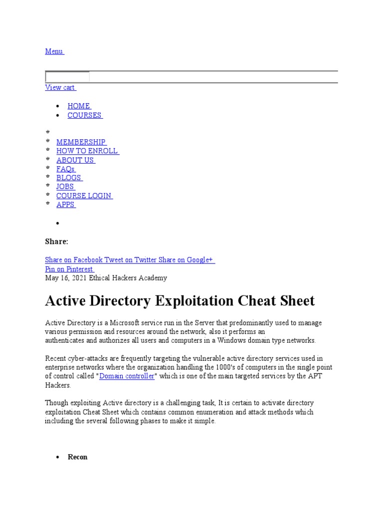 Active Directory Exploitation Cheat Sheet: Share | PDF | Active Directory | Windows Registry