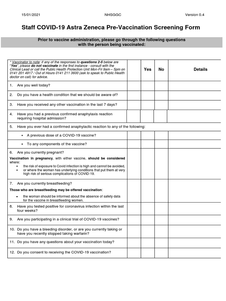 Staff COVID-19 Astra Zeneca Pre-Vaccination Screening Form | PDF