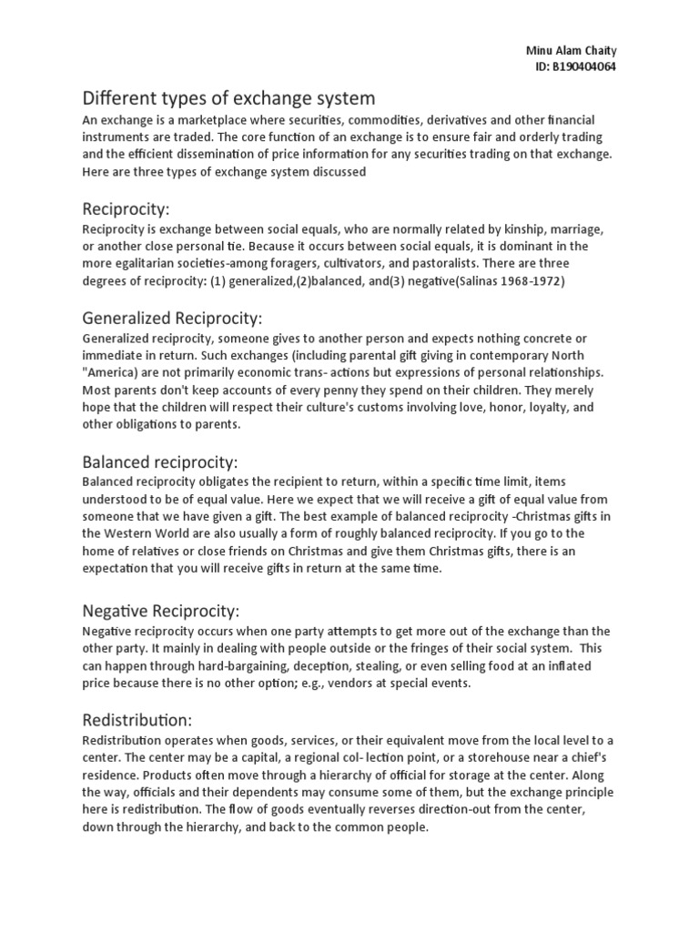 Exploring Different Types of Exchange Systems: Reciprocity ...