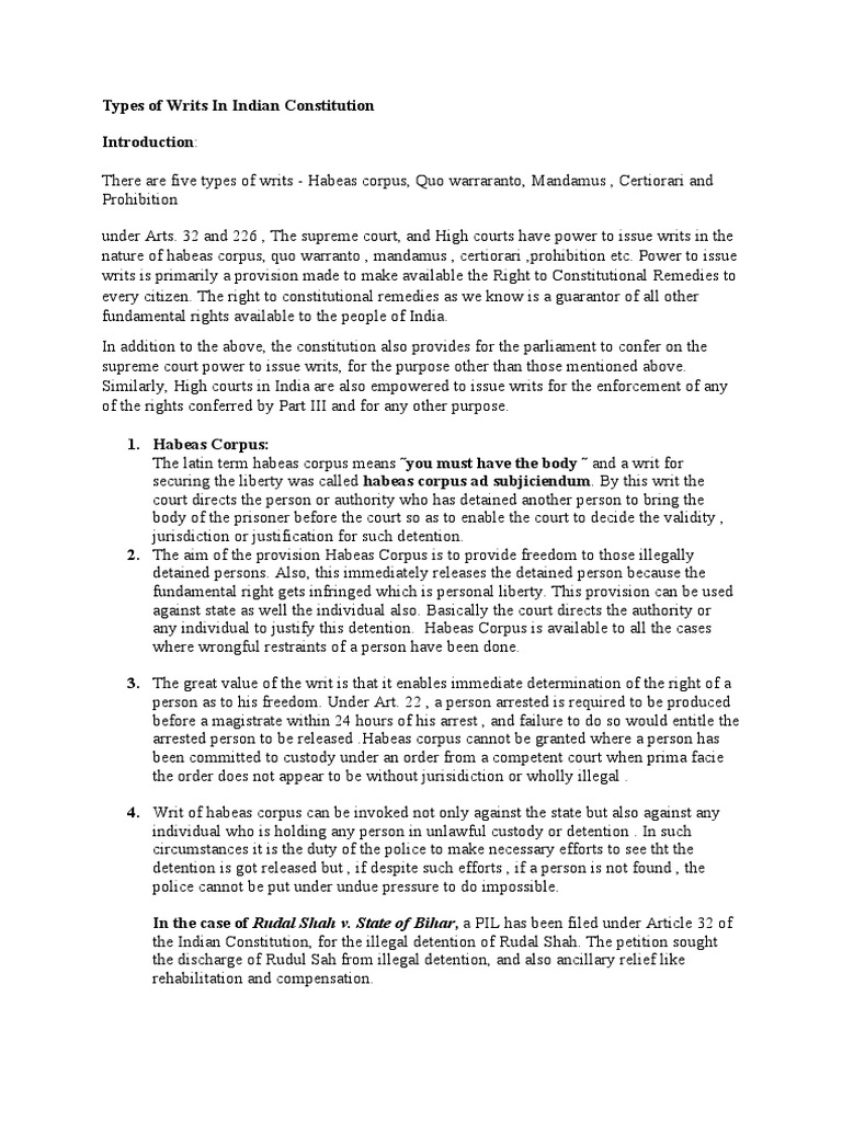 Types of Writs in Indian Constitution | PDF | Habeas Corpus | Certiorari