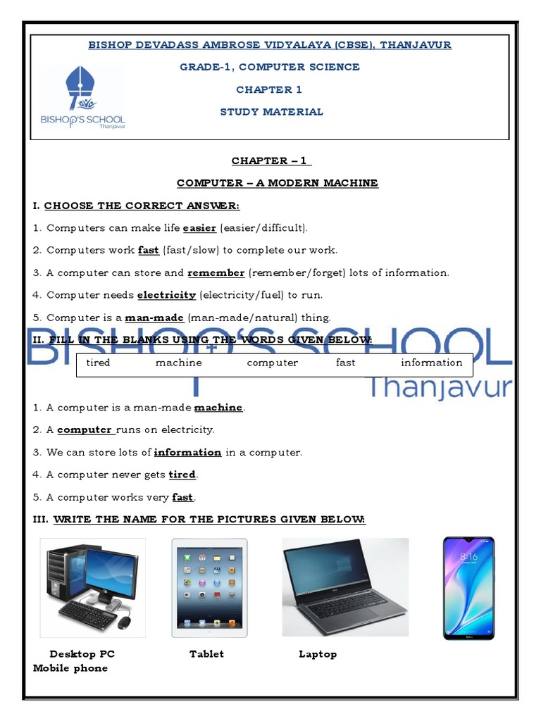 Grade 1 Computer Science Study Material | PDF | Computers
