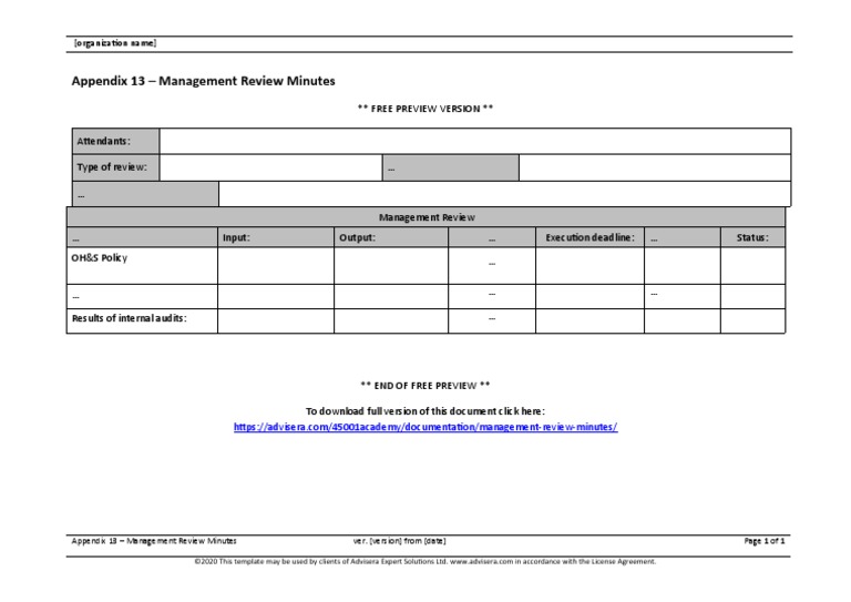 Appendix 13 - Management Review Minutes: (Organization Name) | PDF ...